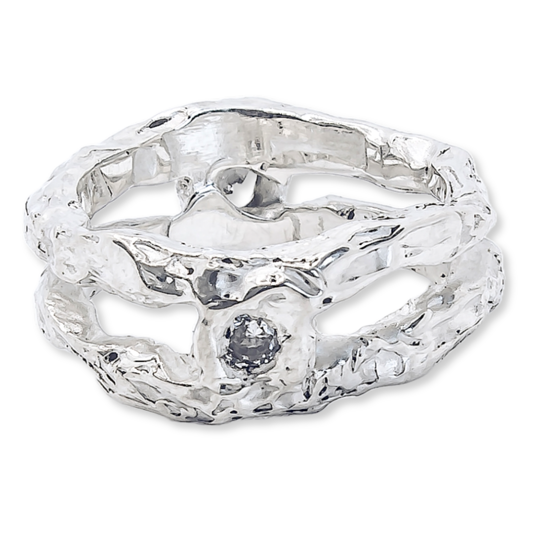 Dual Band Textured Clear Gemstone Ring – 925 Sterling Silver | Handcra ...